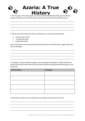 Azaria: A True History (M. Coote) Worksheets | Teaching Resources