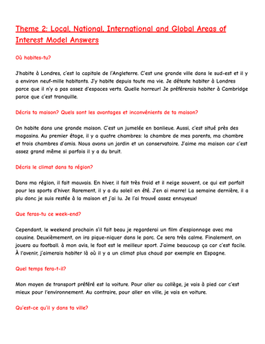 GCSE French Theme 2 Model Answers Speaking Writing | Teaching Resources