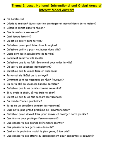 GCSE French Theme 2 Model Answers Speaking Writing | Teaching Resources