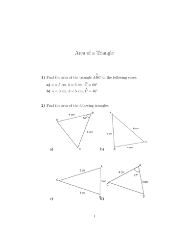 Area of Triangle Using Sine Formula Worksheet (with solutions ...