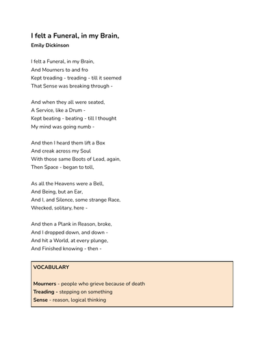 'I Felt a Funeral in my Brain' by Emily Dickinson - Study Guide ...