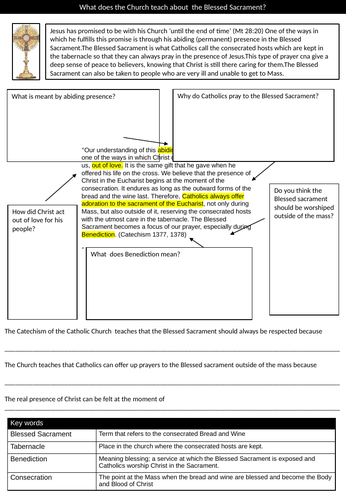 Catholic RE Blessed Sacrament Guided Reading Worksheet | Teaching Resources