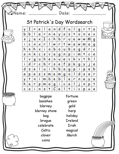 Colour-in St Patrick's Day wordsearches with answers | Teaching Resources