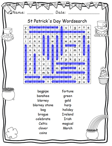 Colour-in St Patrick's Day wordsearches with answers | Teaching Resources