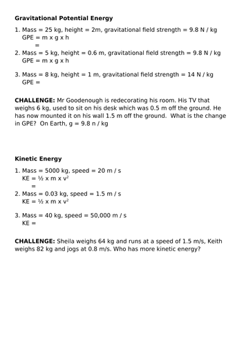 Physics - Calculating Changes in Energy | Teaching Resources