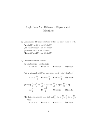 Angle Sum And Difference Trigonometric Identities (Sine and Cosine) Worksheet (With Solutions ...