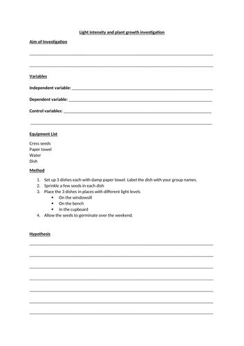 Light intensity and plant growth investigation | Teaching Resources