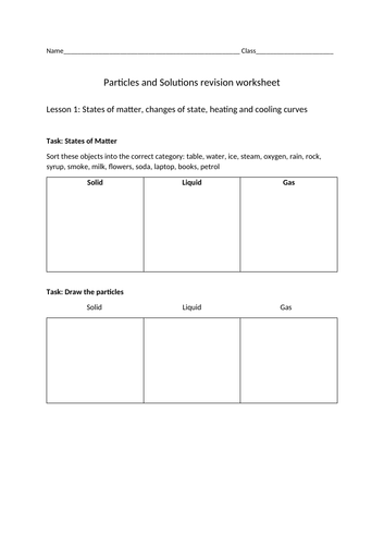KS3 Particles and Solutions revision worksheet | Teaching Resources