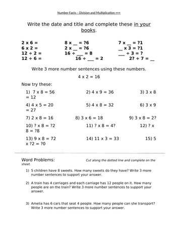 Number Facts and Families Worksheet | Teaching Resources