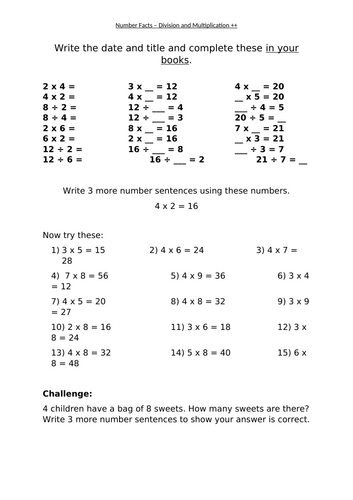 Number Facts and Families Worksheet | Teaching Resources