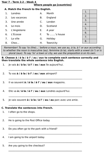 NCELP French course- Year 7 - Term 2.2 - Week 4 - worksheets | Teaching ...