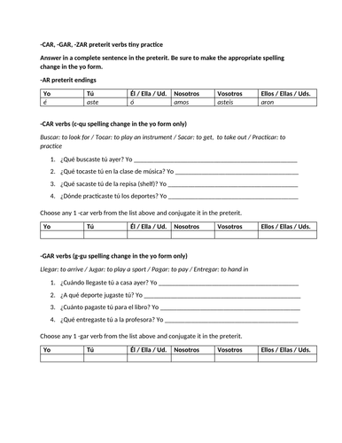 -CAR, -GAR, -ZAR preterit verbs short practice | Teaching Resources