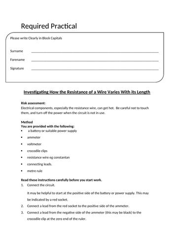 Physics - Resistance of a Wire Required Practical | Teaching Resources