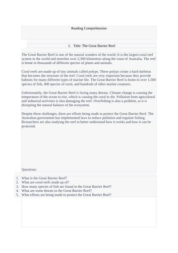 READING COMPREHENSION WORKSHEET WITH ANSWERS | Teaching Resources