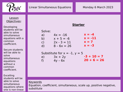 Simulataneous Equations | Teaching Resources