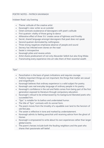 Poetry Notes PAtrick Kavanagh | Teaching Resources