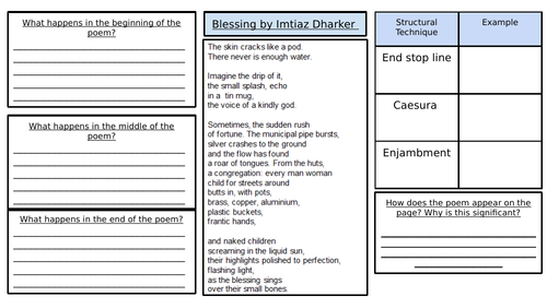 Blessing by Imtiaz Dharker - Structure Worksheet | Teaching Resources