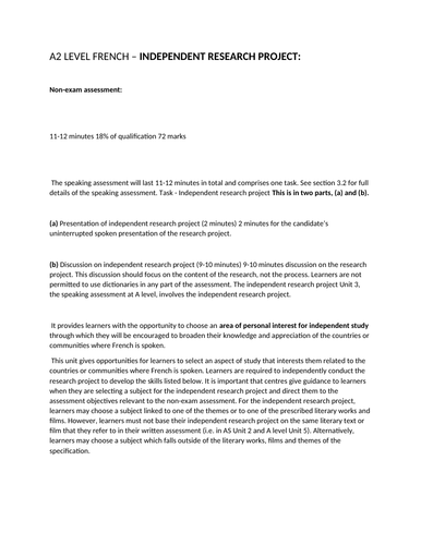 Guidance Notes for preparing for French A2 speaking project ; the IPR ...