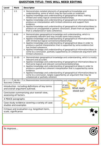 Edexcel A Level Geography 20 Mark Question Feedback Sheet and Mark ...