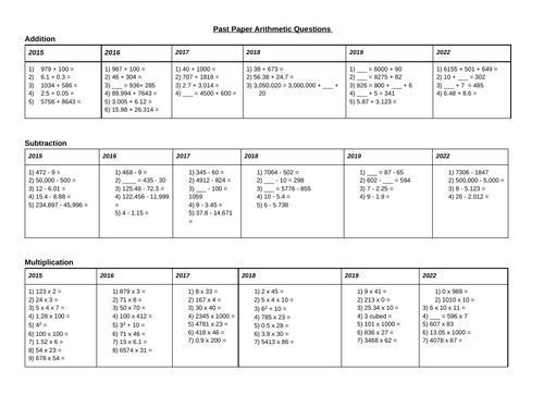 Ks2 Maths Sats Arithmetic Questions Teaching Resources
