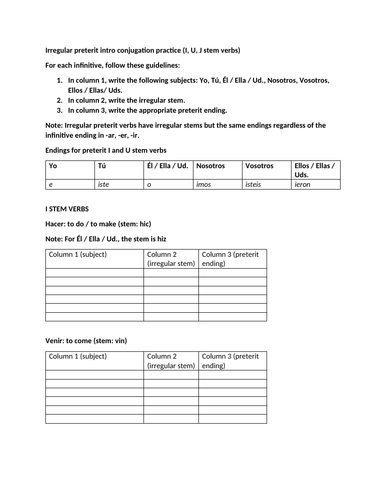 Irregular preterit intro conjugation practice (I, U, J stem verbs ...
