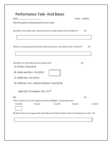 Acid Base pH calculation -Smart Worksheet -with Ans key | Teaching ...