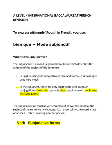 FRENCH A LEVEL / INTERNATIONAL BACCALAUREAT - BIEN QUE +THE SUBJUNCTIVE ...