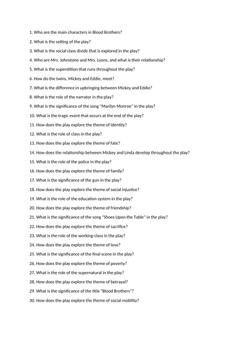 Blood Brothers Comprehension Questions | Teaching Resources