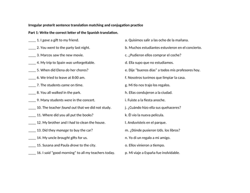 Irregular preterit sentence translation matching and conjugation ...