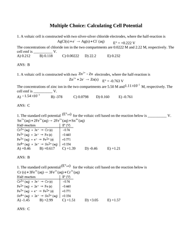 (300 PGS) Equilibria Unit and Electrochemistry Unit Multiple Choice ...