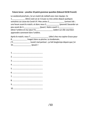 Edexcel IGCSE French grammar gap fill - sport and future tense (10 ...