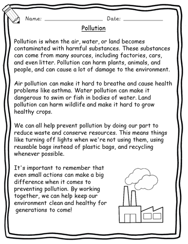 Earth Day / Environment - 5 Reading Comprehensions: pollution, water ...
