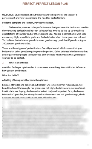 Resilience (Perfectionism) Worksheet and Lesson Plan (US) | Teaching ...