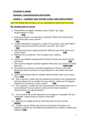 General Conversation Questions Spanish GCSE AQA | Teaching Resources