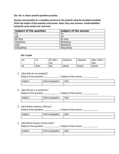 Dar, Ver, Ir, Hacer preterit questions practice | Teaching Resources