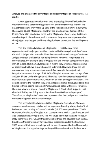 A-Level Law: Magistrates Evaluation + Model + Plan (Eduqas 15 Marker ...