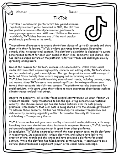 6 Social Media Reading Comprehensions TikTok Facebook Twitter Instagram ...