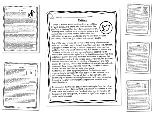 6 Social Media Reading Comprehensions TikTok Facebook Twitter Instagram ...