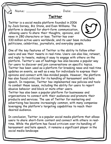 6 Social Media Reading Comprehensions TikTok Facebook Twitter Instagram ...