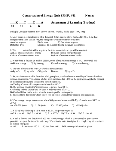 3 CONSERVATION OF ENERGY QUIZZES SPH3U Power Q=mct Work and Energy WITH ...