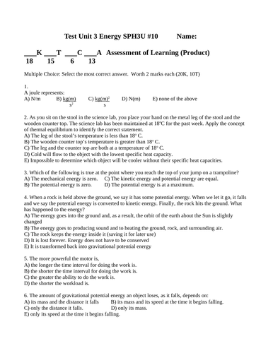 3 WORK AND ENERGY TESTS Grade 11 Physics SPH3U Energy Unit Tests WITH ...