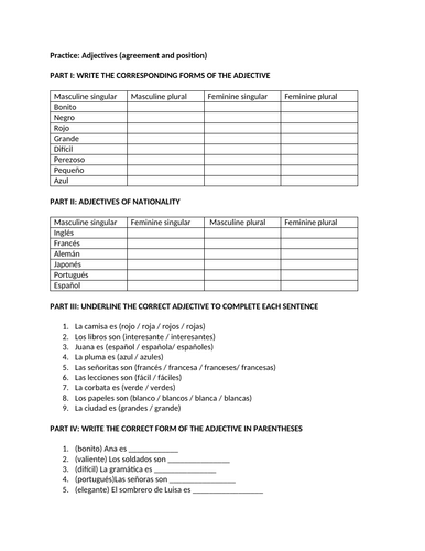 Adjectives practice (Agreement and Position) | Teaching Resources