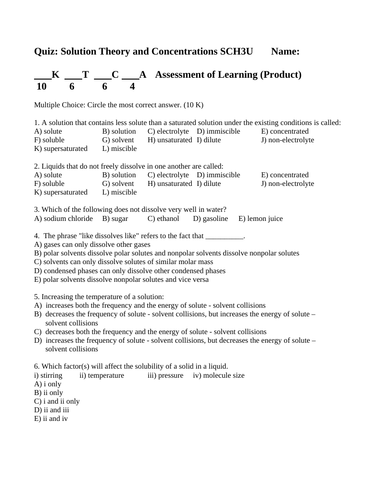4 SOLUTIONS AND SOLUBILITY QUIZZES Chemistry Dissolving ...