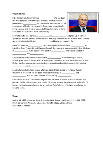 Vladimir Putin fill in the blanks worksheet | Teaching Resources