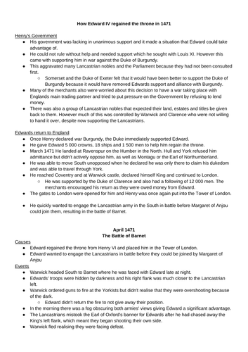 1471-1483 Wars of the Roses Edward IV | Teaching Resources