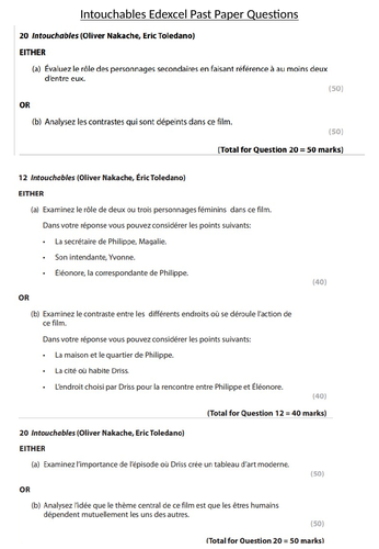 Intouchables Edexcel past paper questions | Teaching Resources