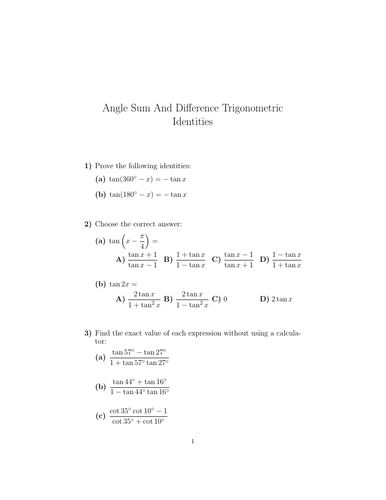 Angle Sum And Difference Trigonometric Identities (Tangent and ...