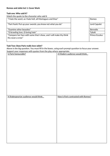 KS4 English Cover: Romeo and Juliet Act One | Teaching Resources