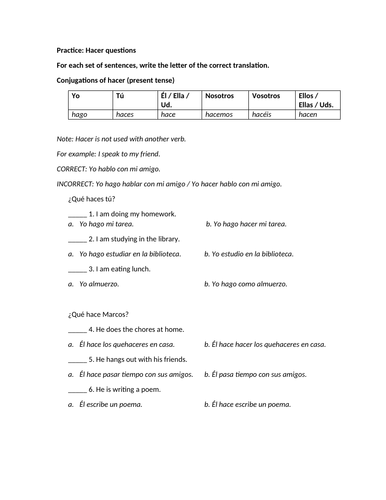 Practice: Hacer questions present tense | Teaching Resources