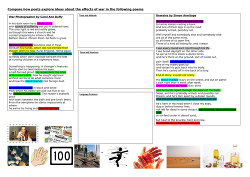 Poetry comparison sheets for Power&Conflict | Teaching Resources